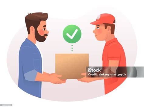 배달 담당자가 소포 상자를 고객에게 건네주습니다 택배 및 고객 벡터 일러스트레이션 개념에 대한 스톡 벡터 아트 및 기타 이미지