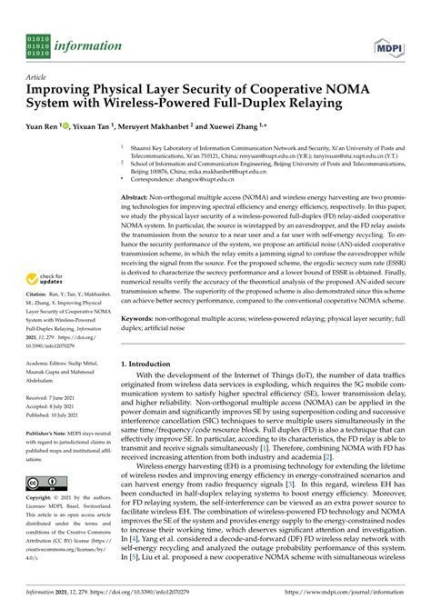 Pdf Improving Physical Layer Security Of Cooperative Noma System With Wireless Powered Full