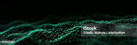 미래지향적인 디지털 웨이브 어두운 사이버 공간 점과 선이 있는 추상파 백그라운드에서 흰색 움직이는 파티클 3d 렌더링 가리키기에 대한 스톡 사진 및 기타 이미지 Istock