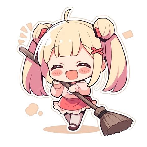 Minimal Japanese Kawaii Happy Maid Girl Sweeping Chibi Anime Vector Art Sticker Con Línea Limpia