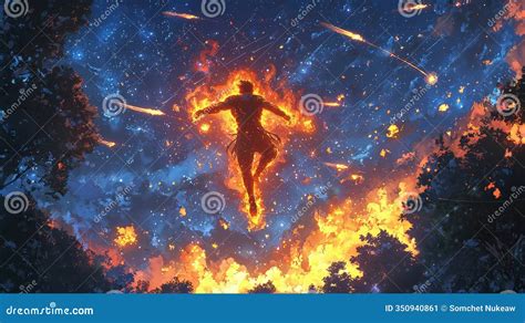 Hero Levitating With Glowing Fire Aura Enchanted Forest Fantasy Art Night Sky Dynamic Action