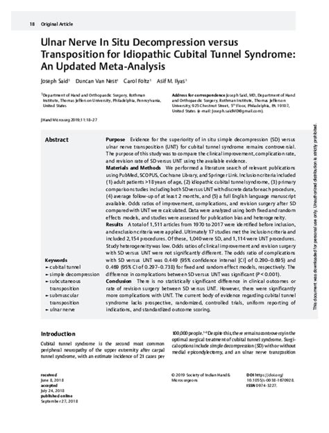 Pdf Ulnar Nerve In Situ Decompression Versus Transposition For