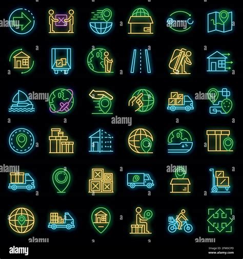 Relocation Icons Set Outline Set Of Relocation Vector Icons Neoncolor On Black Stock Vector