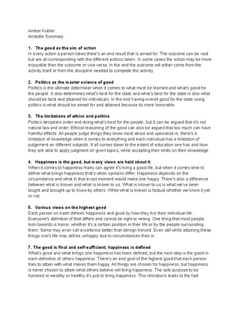 Aristotle Summary Amber Kubler Aristotle Summary The Good As The Aim Of Action In Every Action