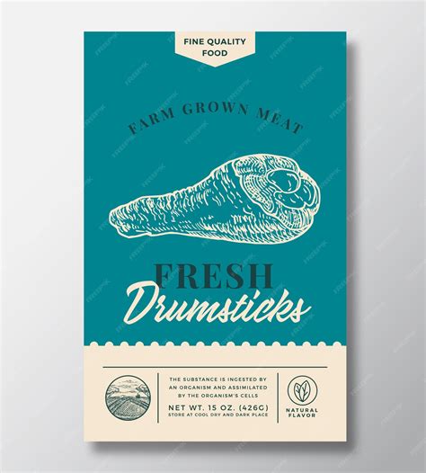 농장에서 자란 고기 추상적 인 벡터 포장 디자인 또는 레이블입니다 현대 타이포그래피 배너 손으로 그린 닭 다리 드럼 스틱 스케치 실루엣 컬러 용지 배경 레이아웃 외딴