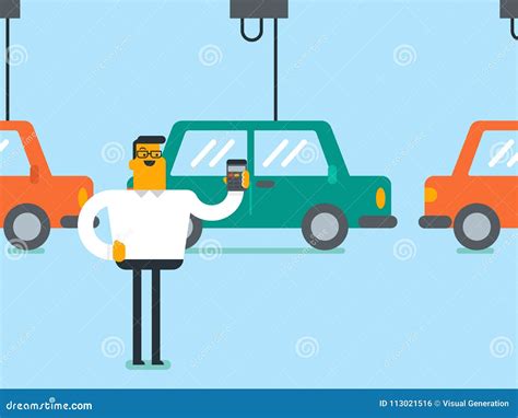 Worker Controlling Automated Assembly Line For Car Stock Vector Illustration Of Auto Machine