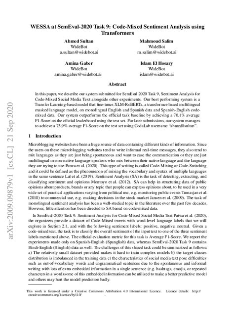 Pdf Wessa At Semeval 2020 Task 9 Code Mixed Sentiment Analysis Using Transformers