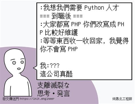 純靠北工程師 投稿詳細 6nu8634 我想我們需要 Python 人才 到職後 大家都寫 Php 你們改寫