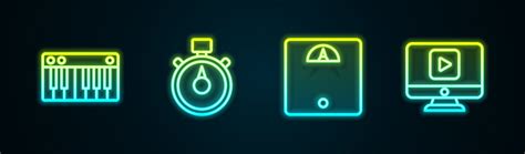 세트 라인 음악 신디사이저 스톱워치 욕실 스케일 및 온라인 플레이 비디오 빛나는 네온 아이콘 벡터 0명에 대한 스톡 벡터 아트 및 기타 이미지 Istock