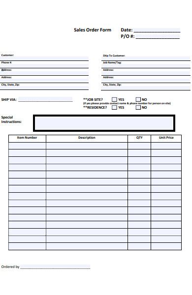 Order Form Excel Template