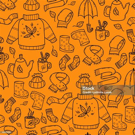 원활한 패턴 아늑한 가을 니트 옷 우산 고무 장화 오렌지 배경에 음식과 음료 디자인 장식 벽지 포장 직물을 위한 낙서 스타일의 벡터 그림 10월에 대한 스톡 벡터 아트 및