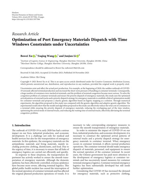 Pdf Optimization Of Port Emergency Materials Dispatch With Time Windows Constraints Under