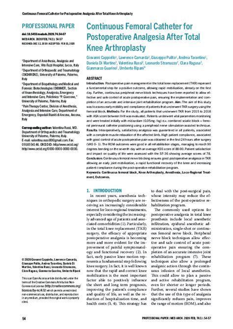 Pdf Continuous Femoral Catheter For Postoperative Analgesia After Total Knee Arthroplasty