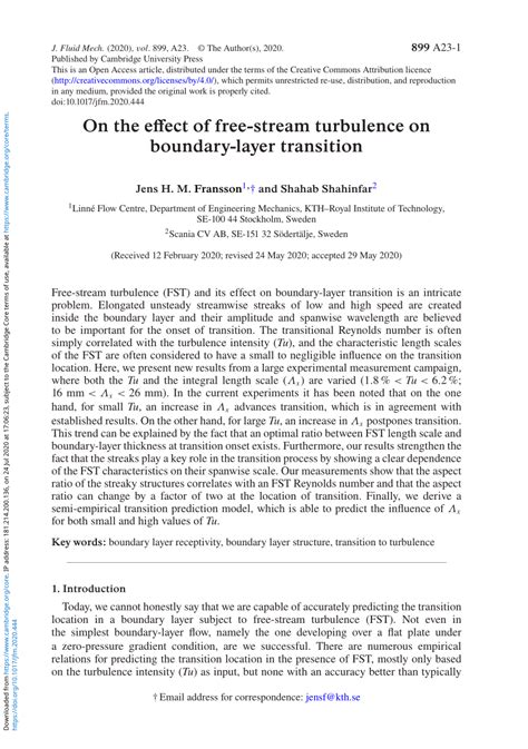 Pdf On The Effect Of Free Stream Turbulence On Boundary Layer Transition