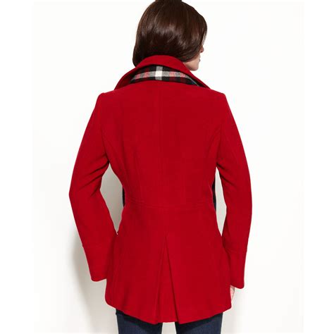 London Fog Double Breasted Pea Coat Plaid Scarf In Red Black Lyst