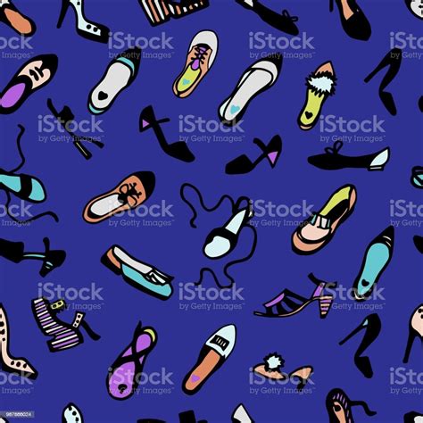 여자의 신발 파란색 배경에 화려한 완벽 한 패턴 벡터 일러스트입니다 아파트 펌프 하이 힐 웨지 샌들 Flatform 노새 가죽에