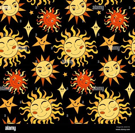 Retro Sun Smiley Face Seamless Pattern Hippie Groovy Repeating Texture Mystical Boho Sun