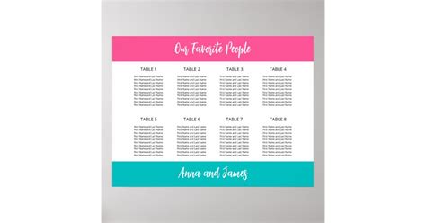 Aqua Hot Pink 8 Table Seating Chart Poster Zazzle