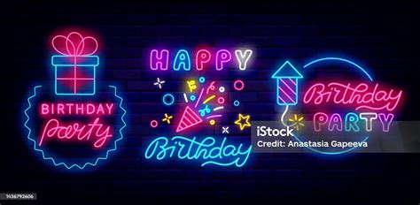 생일 파티 네온 엠 블 럼 컬렉션입니다 생일 축하 초대 라이트 레이블 세트 벡터 스톡 일러스트 개념에 대한 스톡 벡터 아트 및