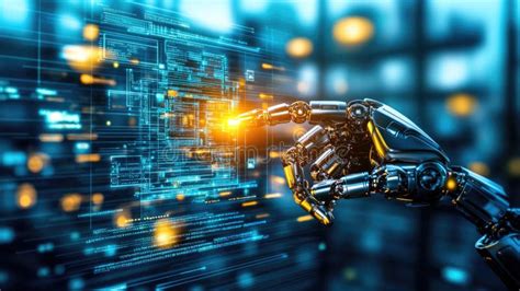 Futuristic Robotic Hand Interacting With Digital Interface In A High Tech Environment Stock