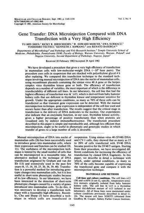 Pdf Gene Transfer Dna Microinjection Compared With Dna Transfection With A Very High Efficiency