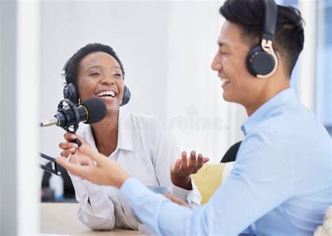 Happy Podcast Web Interview Or Digital Radio Woman Presenter Working With Employee For Media