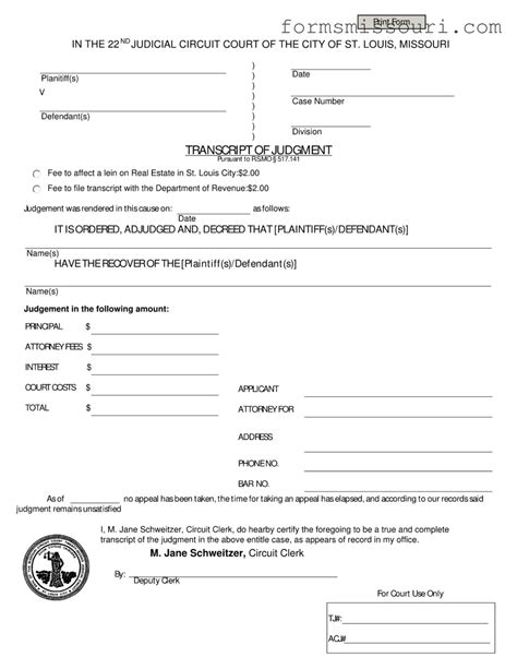 Fill Your Missouri Transcript Of Judgment Template Online ᐈ Missouri