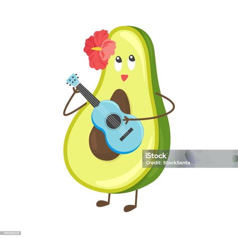우쿨렐레 기타에서 연주하는 귀여운 여름 아보카도 만화 캐릭터 티셔츠 인사말 카드 스티커를위한 여름 분위기 Hawaian 인쇄 가와이 여름 아보카도 휴가 벡터 일러스트 레이