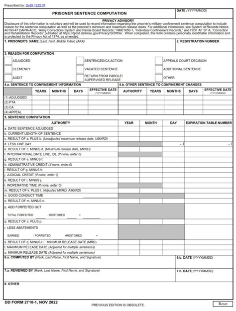 Dd Form 2710 1 Prisoner Sentence Computation Dd Forms