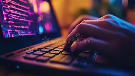 coding in neon hands on keyboard lit by digital glow programming a