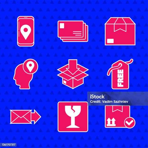 교통 기호 깨지기 쉬운 깨진 유리 패키지 확인 표시 가격 태그 무료 봉투 배달 남자 골판지 상자 판지 및 모바일 앱 배달 추적 아이콘으로 골판지 상자를 설정합니다 벡터 0