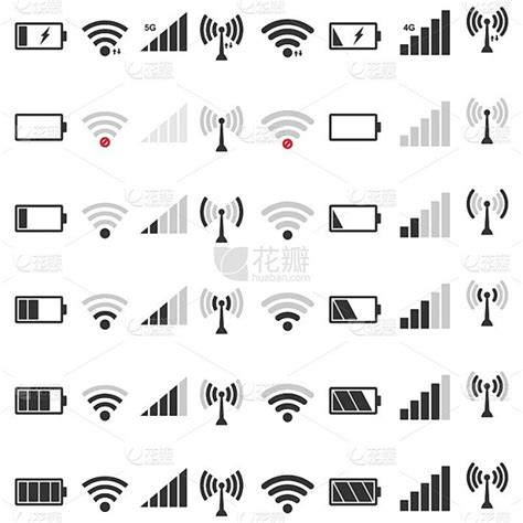 Wifi信号图标设置，电池能量充电，移动信号水平图标矢量插图素材 花瓣网