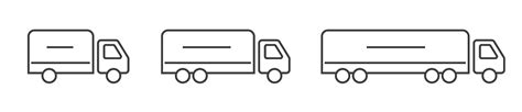 트럭 차량 아이콘 선 획 벡터 간단한 그래픽 세트 긴 세미 밴 화물 화물 배송 운송 개요 선형 예술 그림 실루엣 작은 큰 화물 트럭 측면도 배송 택배 모양 검은색에 대한