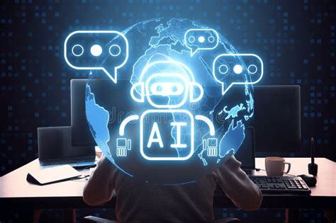 Back View Of Hacker Using Computers At Desk With Creative Glowing Robot And Globe Ai Hologram On