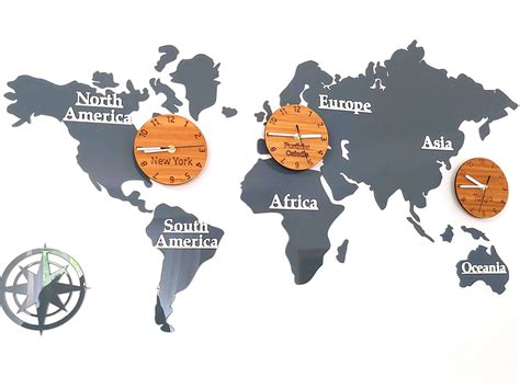 LARGE Wall Clock Map Clock With Time Zones Gray Clock World Clock World Map 100cm X 56cm