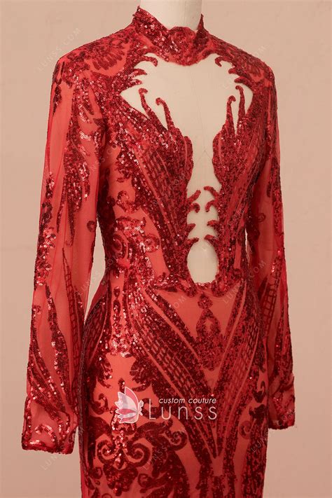 Unique Red Sequin Long Sleeve Mermaid Prom Dress Lunss