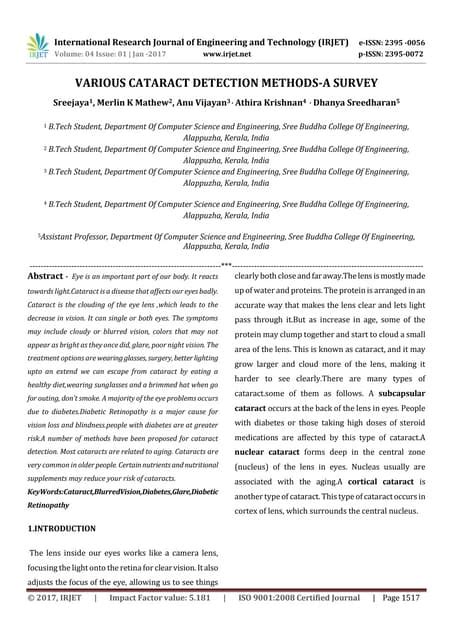 Various Cataract Detection Methods A Survey Pdf