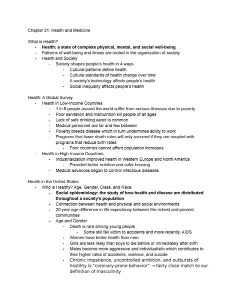 Soc Chapter 21 Notes Chapter 21 Health And Medicine What Is Health