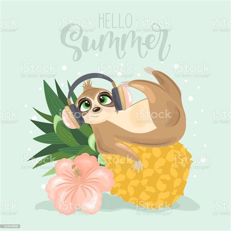 배경에 귀여운 나무늘보와 여름 엽서 필기 인사말 안녕하세요 여름 벡터 그림입니다 곰에 대한 스톡 벡터 아트 및 기타 이미지 곰 귀여운 낙서 드로잉 Istock