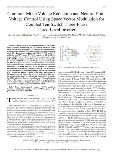 Pdf Common Mode Voltage Reduction And Neutral Point Voltage Control