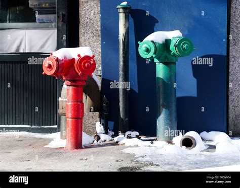 Joy And Color Two Fire Hydrants Red And Green Capped With Snow Seen
