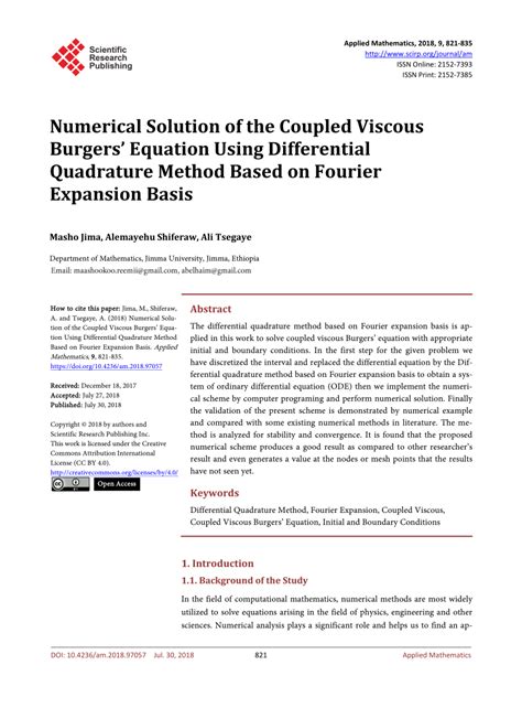 Pdf Numerical Solution Of The Coupled Viscous Burgers Equation Using Differential Quadrature
