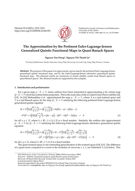 Pdf The Approximation By The Pertinent Euler Lagrange Jensen Generalized Quintic Functional