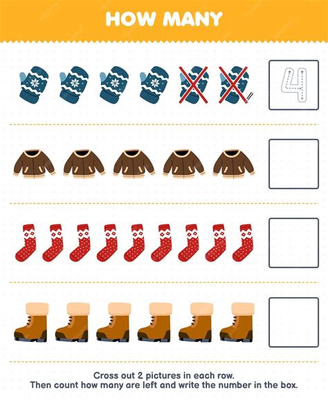 어린이를 위한 교육 게임은 귀여운 만화 벙어리 장갑 스웨터 양말 부츠의 수를 세고 인쇄 가능한 겨울 워크시트 상자에 숫자를 씁니다 프리미엄 벡터