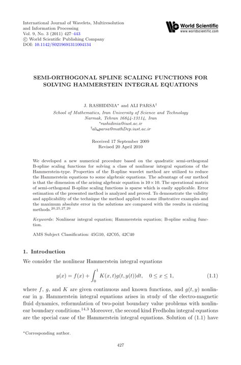 Pdf Semi Orthogonal Spline Scaling Functions For Solving Hammerstein Integral Equations