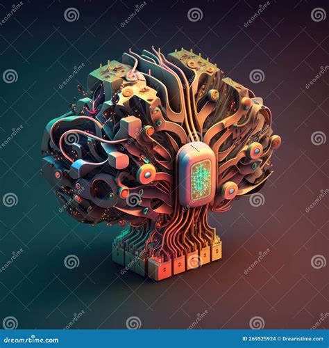 Microchip Inside Cloud Of Dots And Lines In Shape Of Biological Brain Organic Nervous System