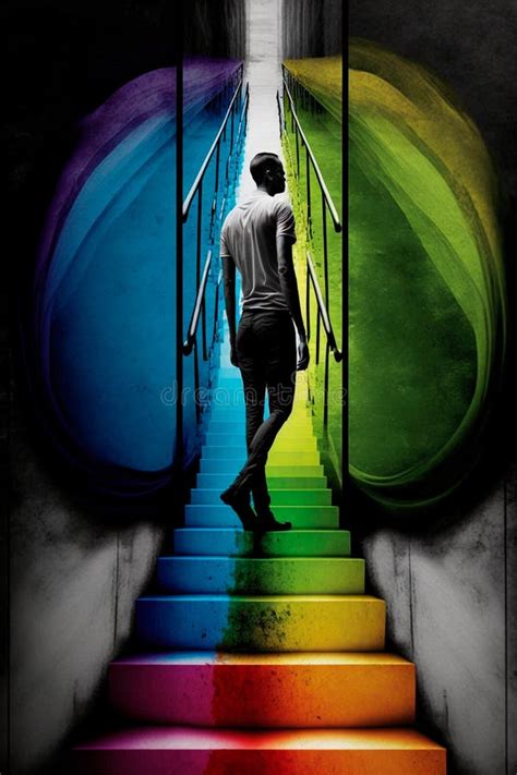 Guy Climbing The Stairs Psychedelic Colors Searching For Himself