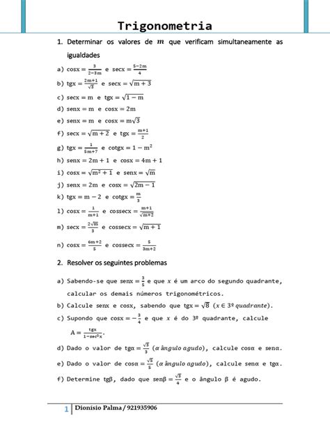 Lista De Exercícios De Trigonometria Pdf Trigonometria Matemática