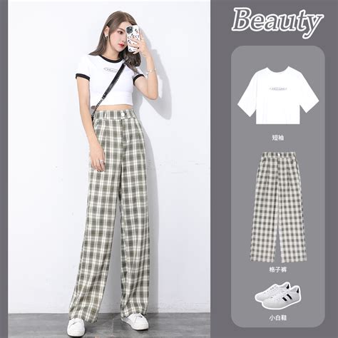 การซื้อเวลา จำกัดกางเกงลายสก็อตกางเกงหญิงฤดูร้อนส่วนบางเอวผ้าม่านหลวมบาง150cmเล็กๆน้อยๆตรงขา