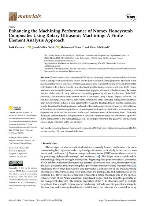 Pdf Enhancing The Machining Performance Of Nomex Honeycomb Composites Using Rotary Ultrasonic
